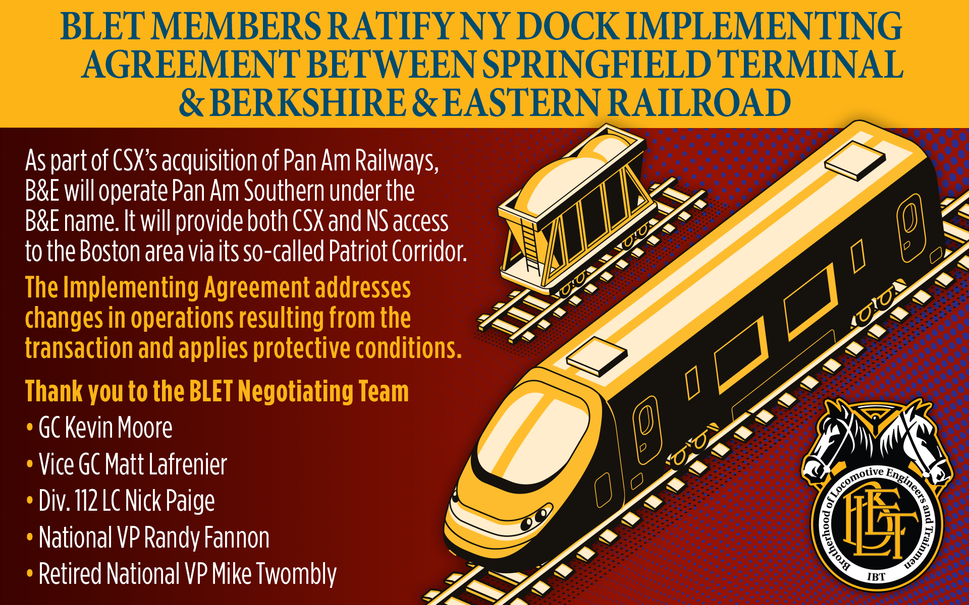BLET members ratify Springfield Terminal implementing agreement ...
